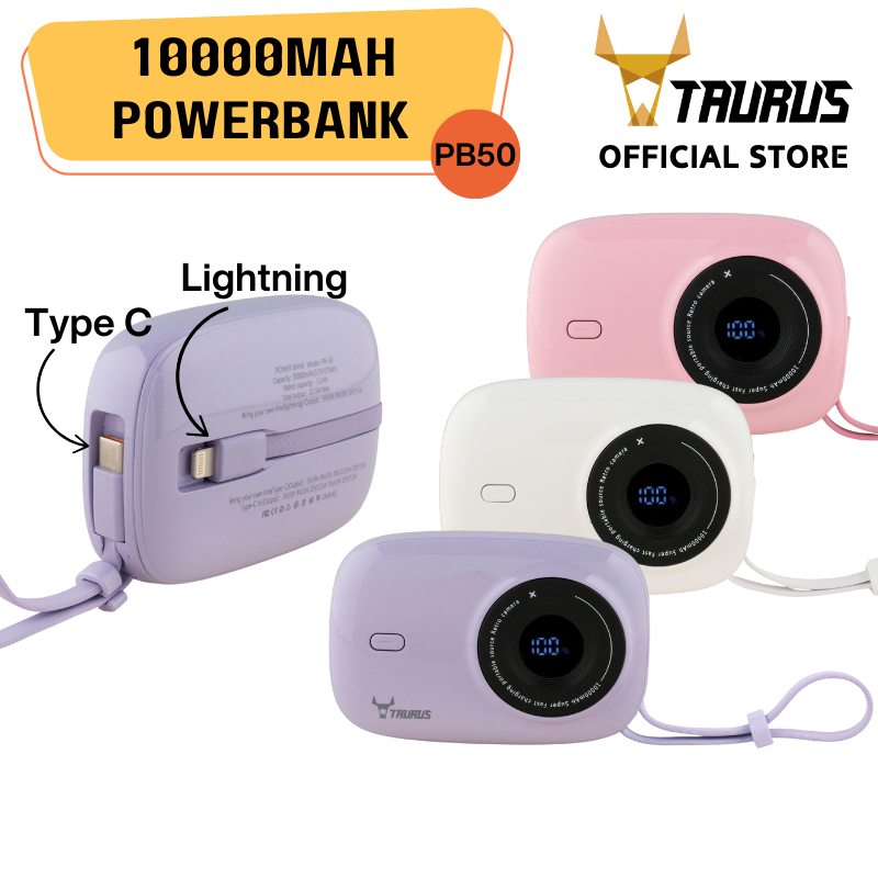 TAURUS 10000mAh power bank with built in cable Type C and Lightning ...