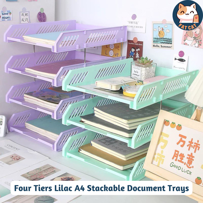 [SG Stock] 4 Tiers A4 Stackable Document Trays Lilac Table Organiser Documents Tray Space Saver ...