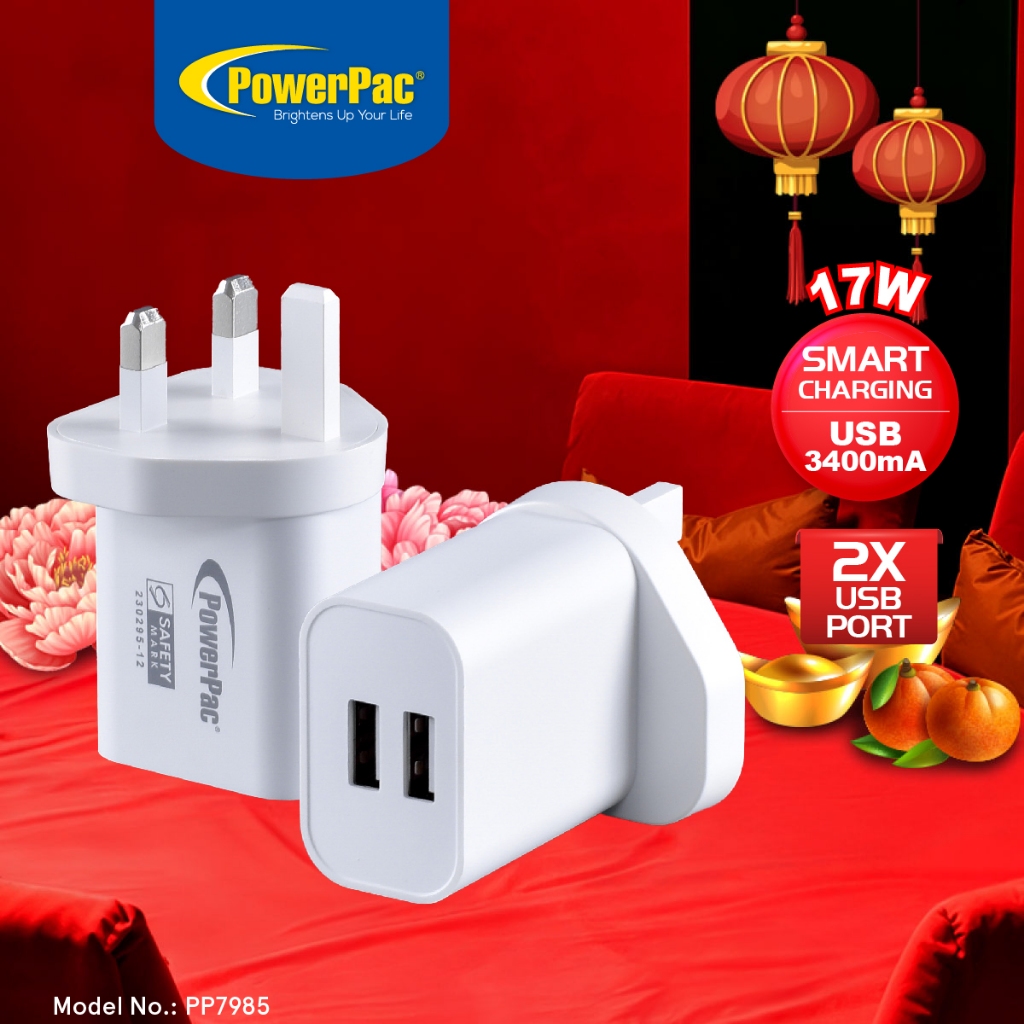 PowerPac 17W Charger Smart Charge 2X USB Charger, Fast Charger | TYPE A ...