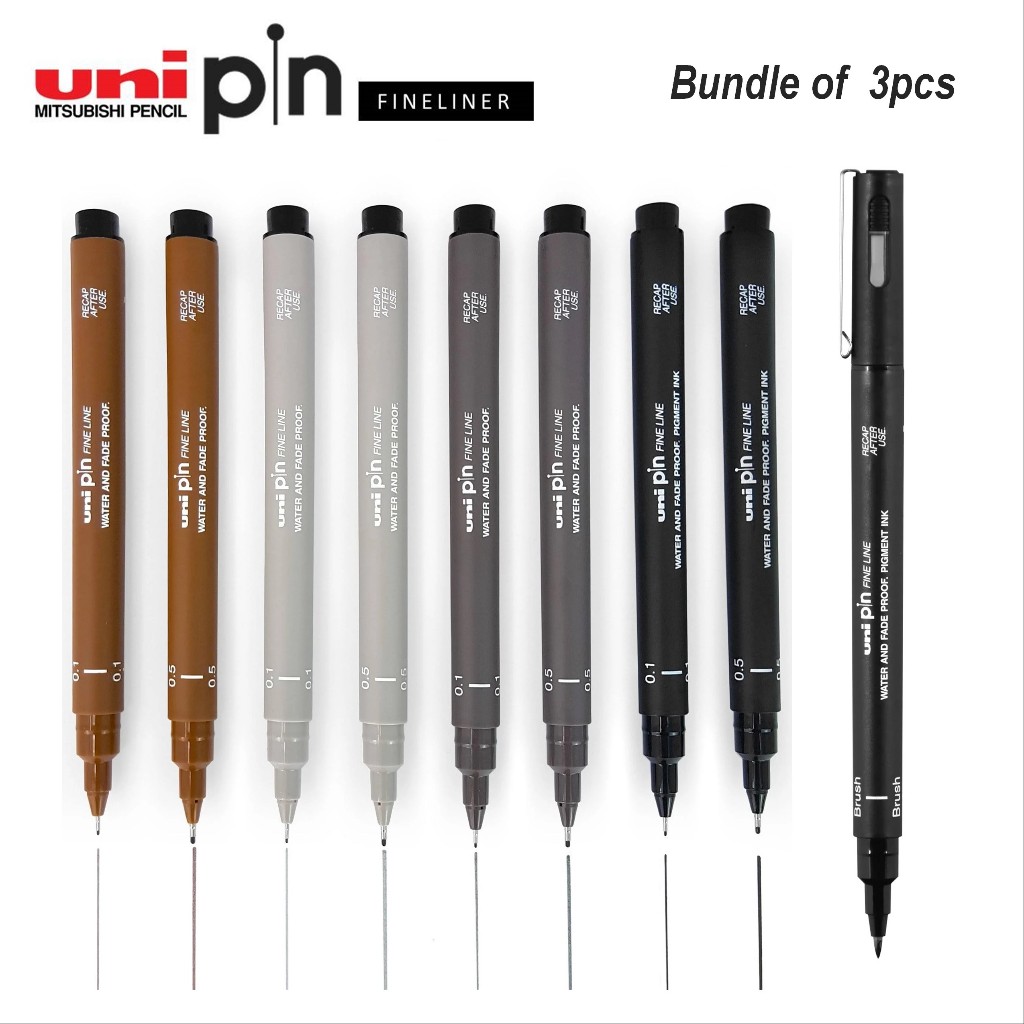 UNI Pin Fineliner Drawing (Brush & Felt Tip) Pen Blue, Light Grey, Dark ...