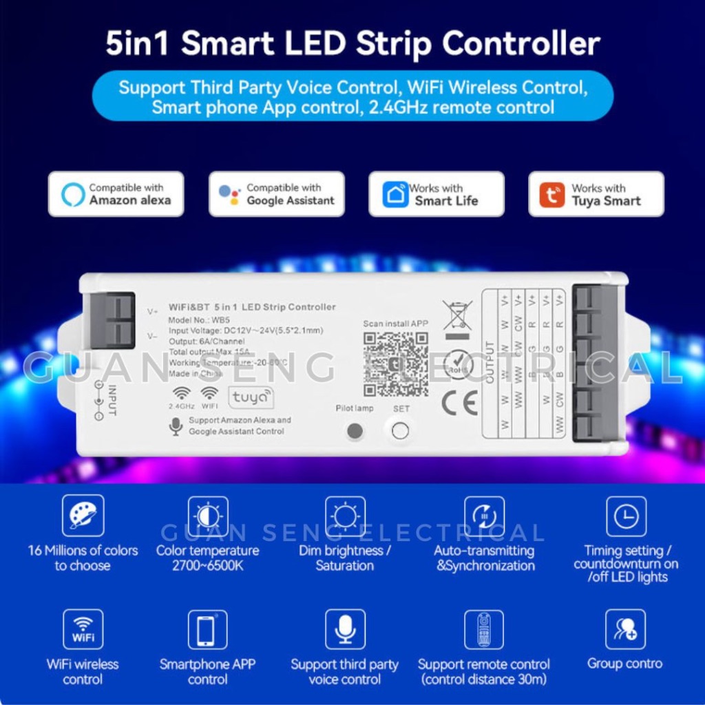 Smart LED Strip Light Controller 5in1 WIFI TUYA 12V 24V | Guan Seng ...