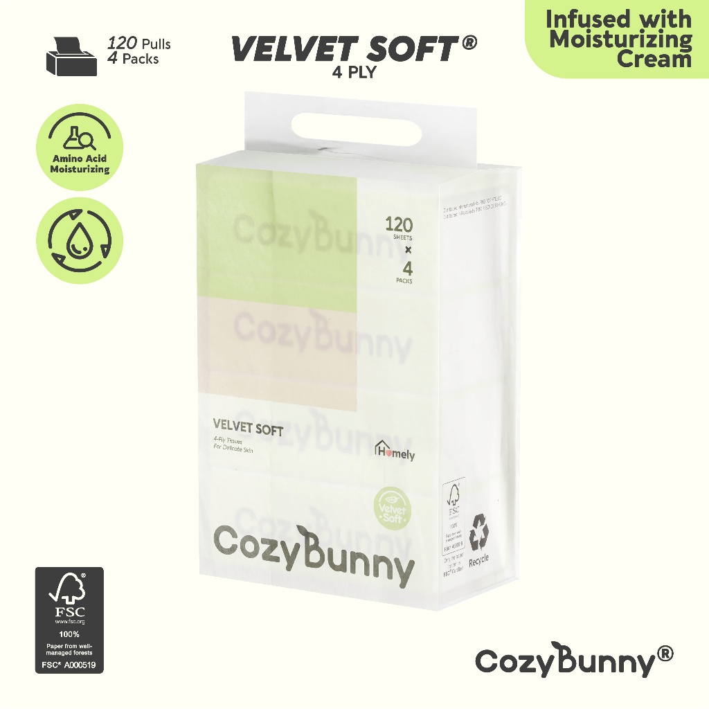 CozyBunny Velvet Soft 4-Ply Facial Tissues | 4 Packs x 120 Sheets ...