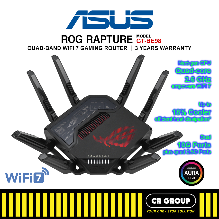 ASUS ROG Rapture GT-BE98 Quad-band WiFi 7 Gaming Router - Up to 25 Gbps ...
