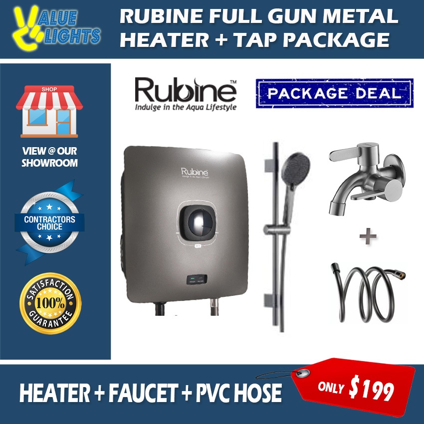 Full Gun Metal Rubine Choco Bathroom Instant Water Heater Package with ...