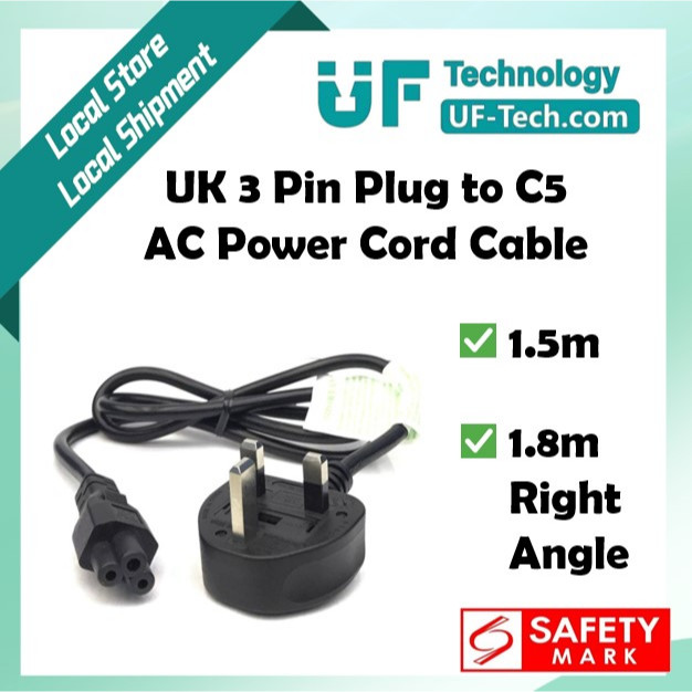 UFTECH UK 3 Pin Plug to Straight/Right Angle C5 Mickey Mouse AC Power Cord Cable with Safety ...