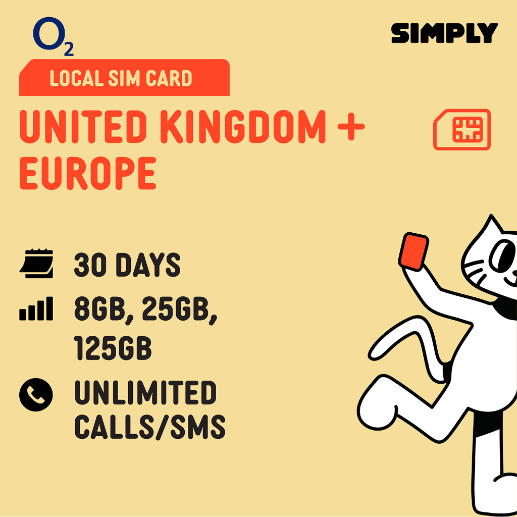 SIMPLY o2 | 30 Days | 8GB/25GB/125GB(4G/5G) Data | Local UK/Europe SIM ...