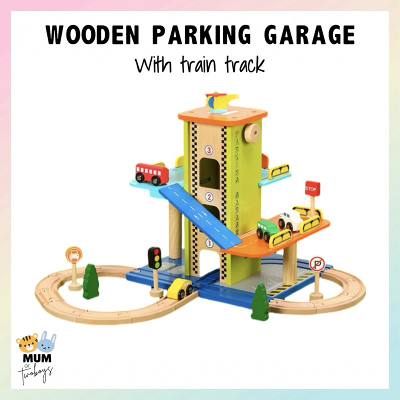 [MUMof2boys] Wooden Parking Garage for Kids - 3-Level Toy Train Car ...