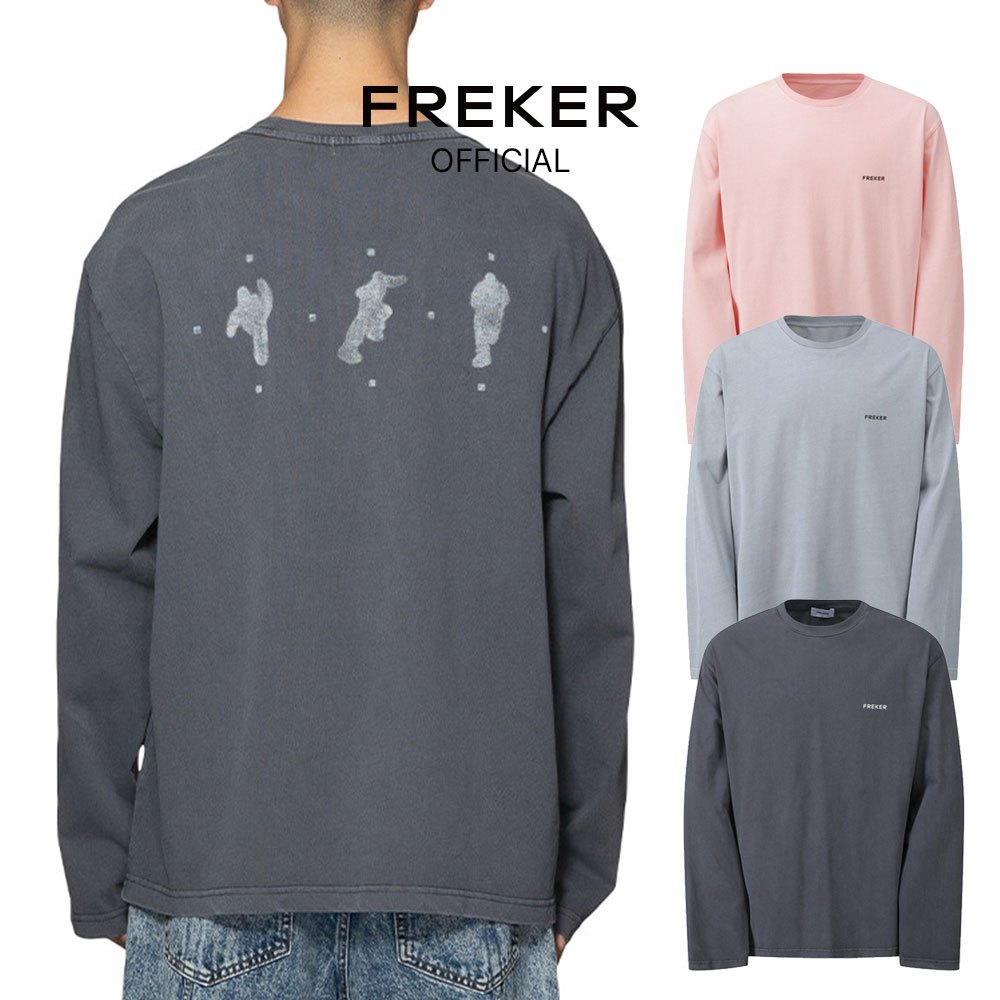 [FREKER] Unisex Casual Oversized Pigment Dying Symbol Long Sleeves T ...
