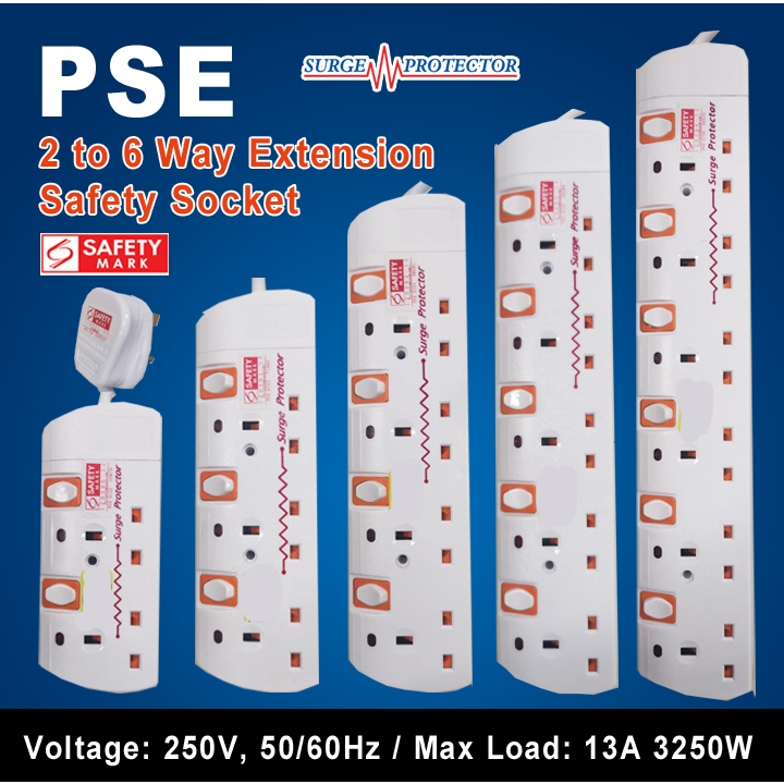 PSE 2 to 6 Way Extension Socket with Surge Protection and Safety Mark ...