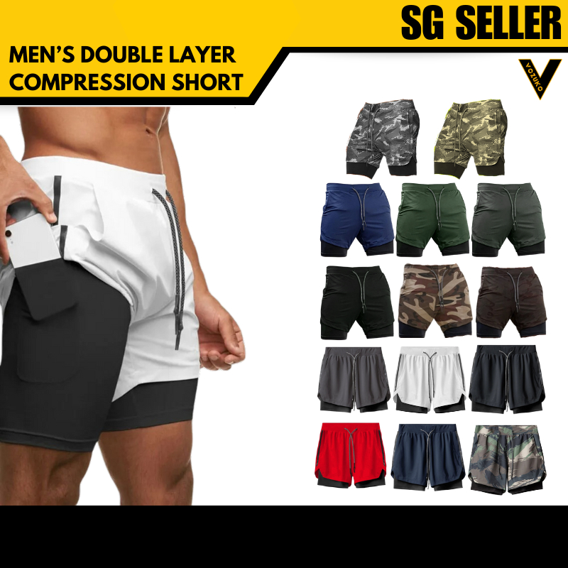 [SG SELLER] 2-in-1 Double Layer Short Running Sport Shorts Men Gym ...