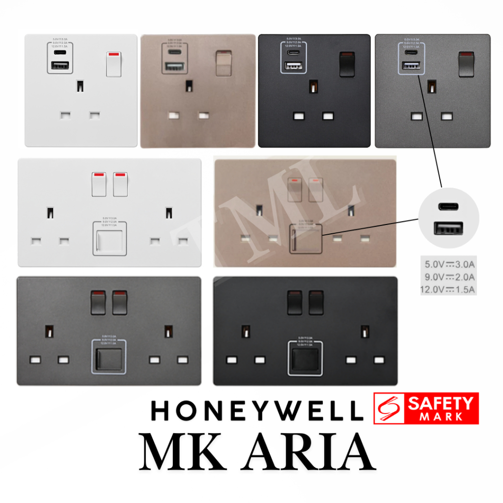 Honeywell MK Aria Single Double 13A Socket with USB A C Safety Mark ...