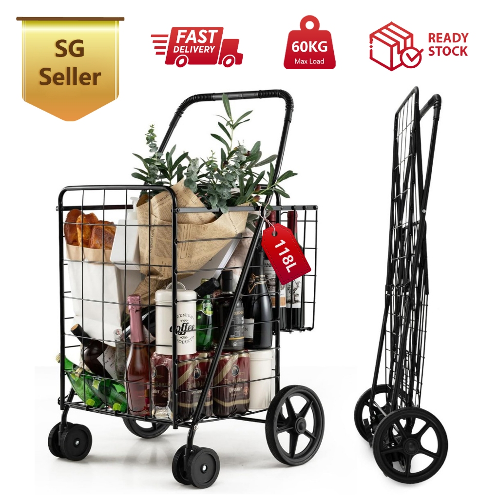 Foldable Grocery Shopping Cart Heavy Duty Trolley with Rear Basket ...