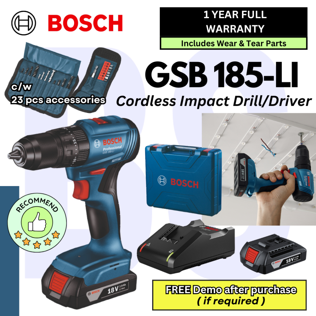 BOSCH GSB 185-LI Cordless Drill Combi Impact Drill & Screwdriving c/w ...