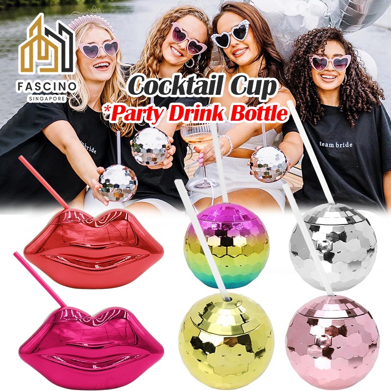 【SG】Red Lip Cup With Straw Glitter Cocktail Cup Disco Ball Cup Tropical ...