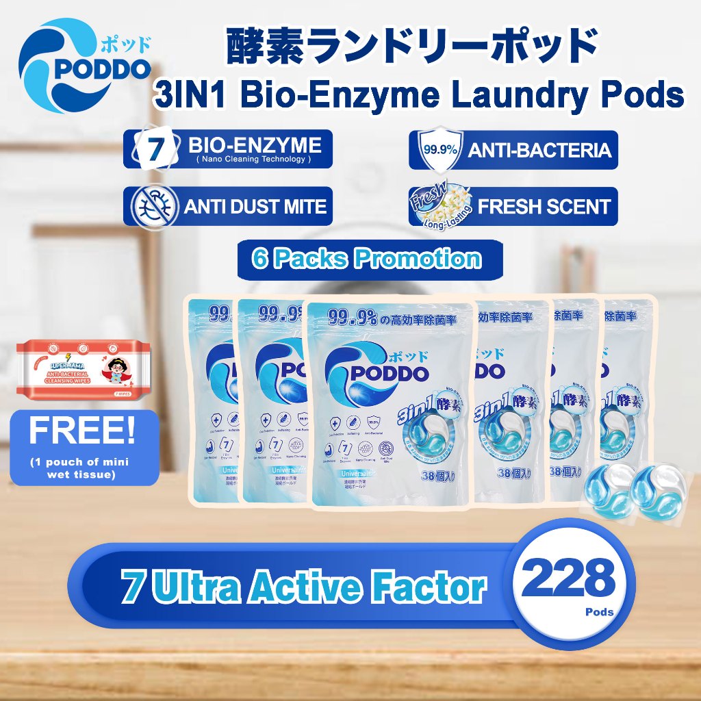 228 Pods 15g Poddo Bio Enzyme Laundry Capsules Refill 6 Packs + Free 1 Pouch Mini Wet Wipes ...