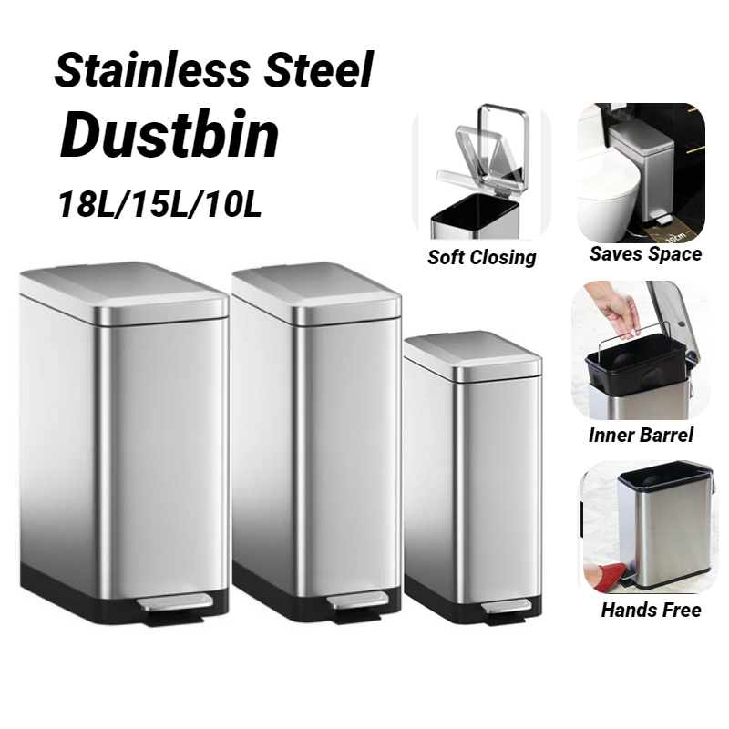 Stainless Steel Dustbin with Lid Soft Closing Rubbish Bin Large Trash ...