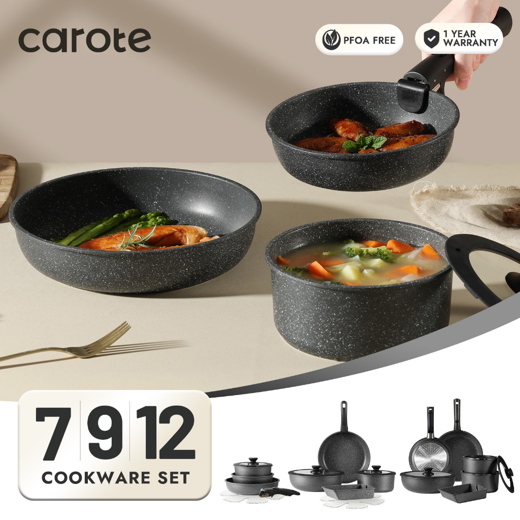 CAROTE Non-Stick Cookware Set 7/9/12 Pcs Handle Detachable Marble ...