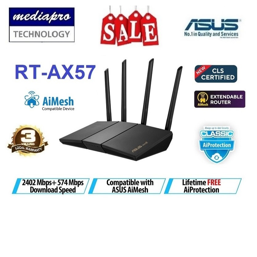 ASUS RT-AX57 AX3000 Dual Band WiFi 6 AiMesh Router, with AiProtection ...