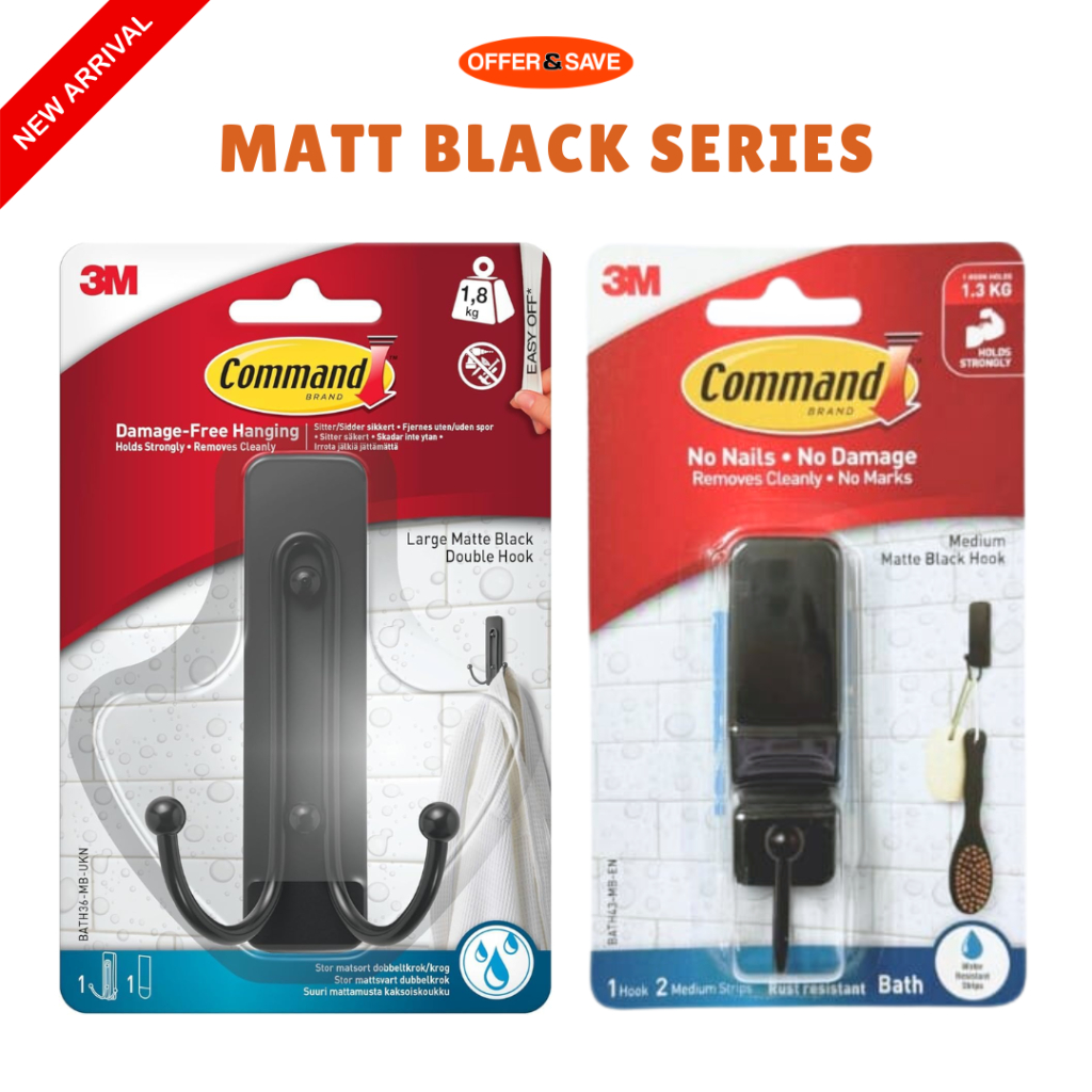3M Command Bathroom Matt Black Series Bath Hook Large Double Hook Medium Hook | Shopee Singapore