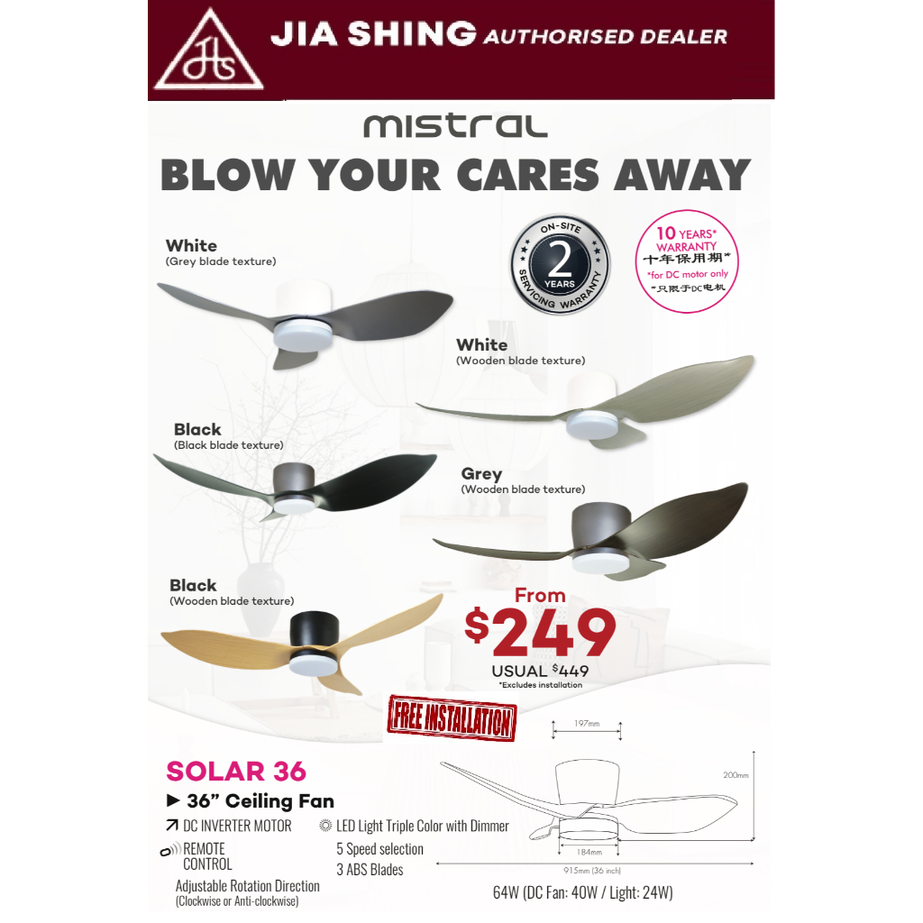 Mistral 36” Ceiling Fan - SOLAR 36 (FREE BASIC NEW INSTALLATION ...