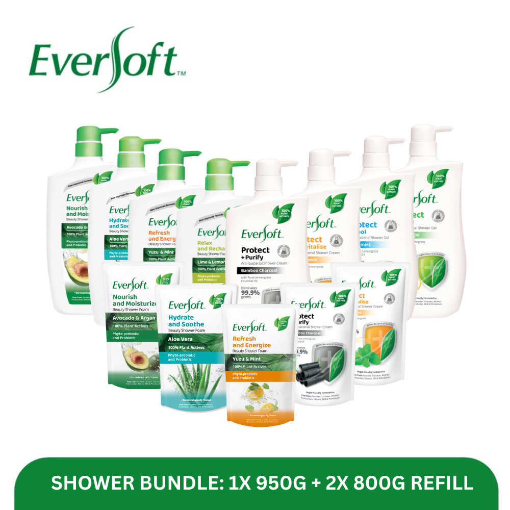 [Mix & Match Bundle] EVERSOFT Botanical Extract / Anti-Bacterial Shower Foam 950g + Refill 800ml ...