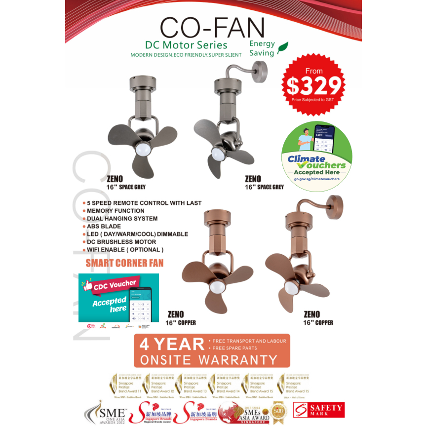 16in DC Motor LED Corner Ceiling Fan | Corner Wall Fan Optional Smart ...