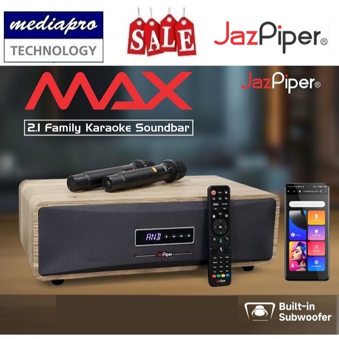 JazPiper Max 2.1 Family Karaoke Soundbar Build-in Subwoofer with 2 x Wireless Microphone ...