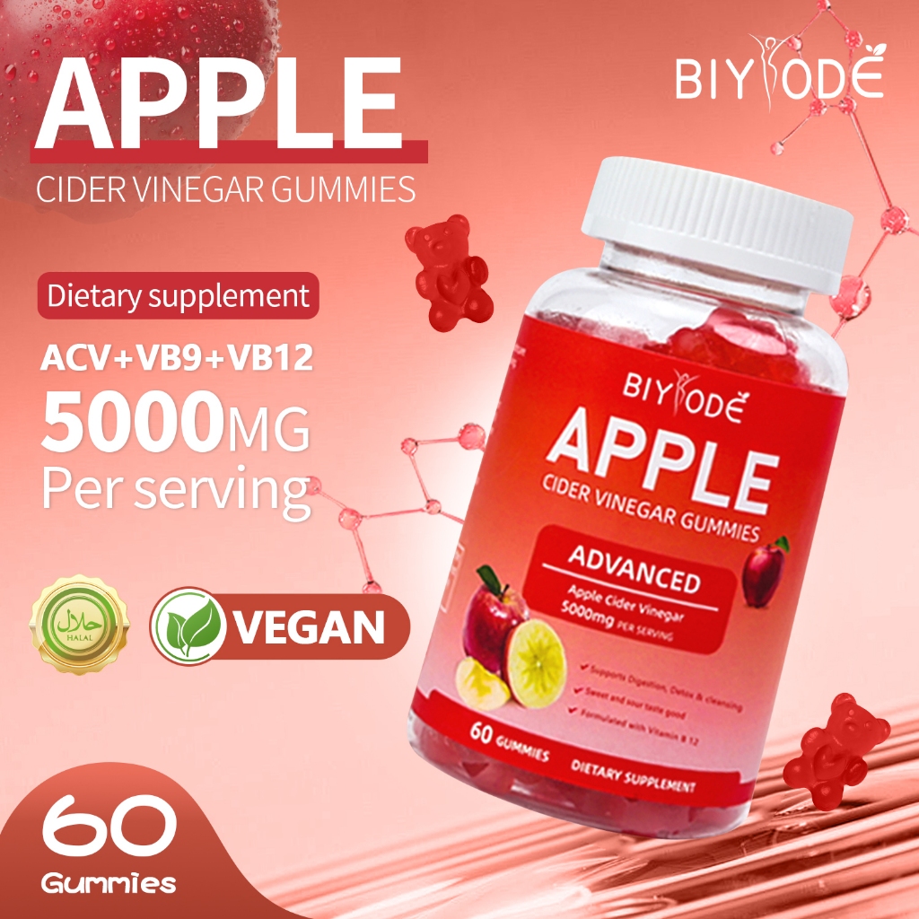 BIYODE Apple Cider Vinegar Edible Gummies 5000mg with Vitamin B9 B12 ...