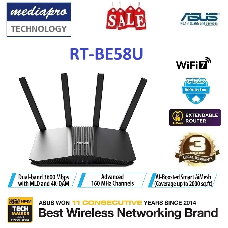 ASUS RT-BE58U Dual-band WiFi 7 (802.11be) BE3600 Smart AiMesh ...