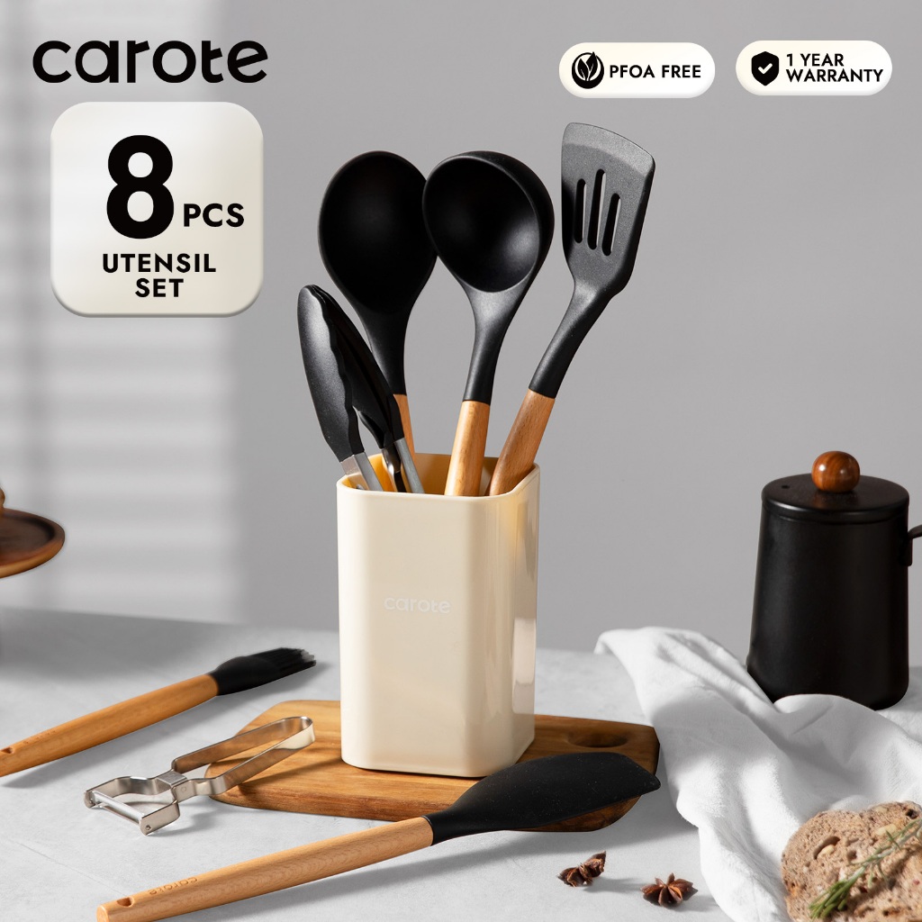 Carote Wooden Handle Silicone Kitchen Utensils 8 Pcs Non-stick Food ...