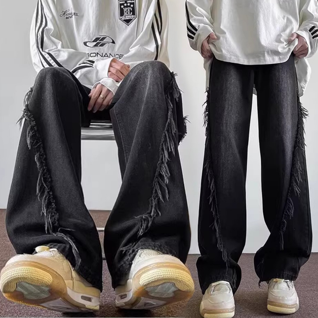 S-5XL~Long jeans Wide-leg pants for men boy black retro grey denim ...