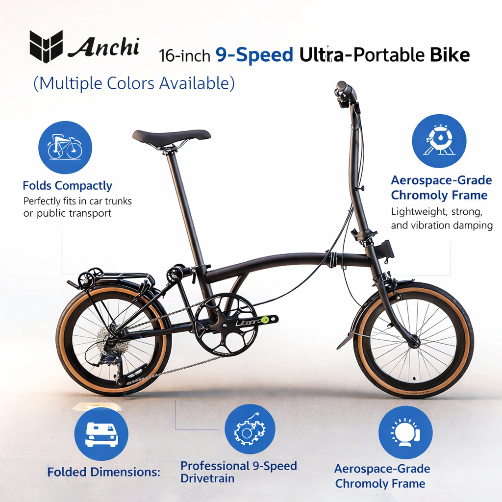 ANCHI Tri-Fold Bike 16 Inch 9-Speed Adult /Kids No Installtion Required ...