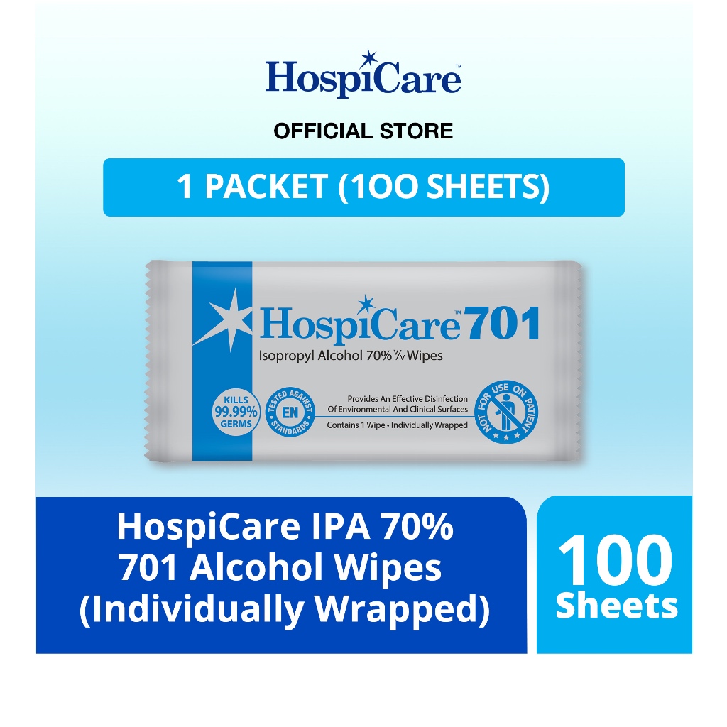 HospiCare 70% IPA 701 Alcohol Wipes x100 Sheets (Individually Wrapped ...