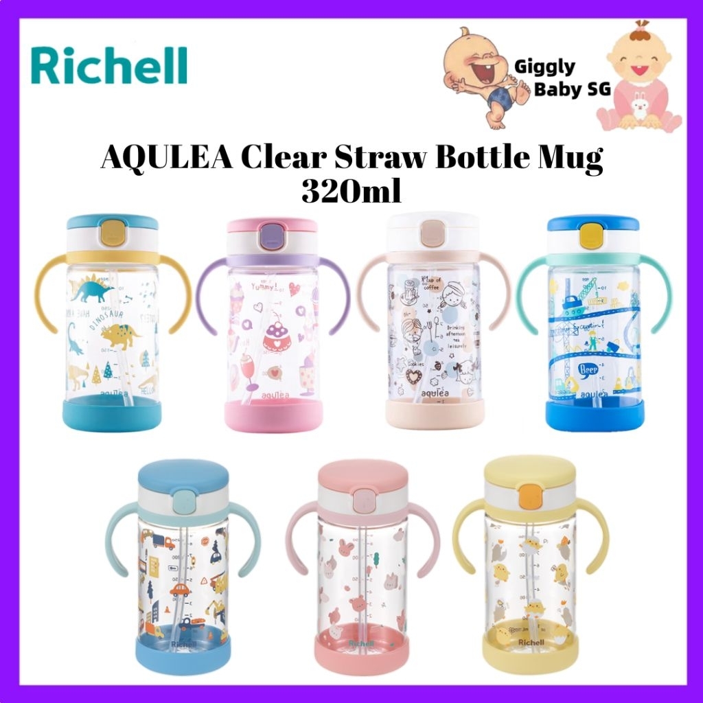 RICHELL AQULEA Clear Straw Bottle Mug 320ml (with bottle base protector ...