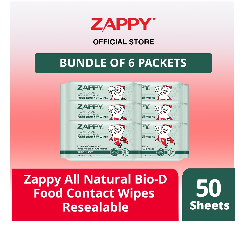 Zappy All Natural Biodegradable Food Contact Wipes 50 Sheets Resealable ...
