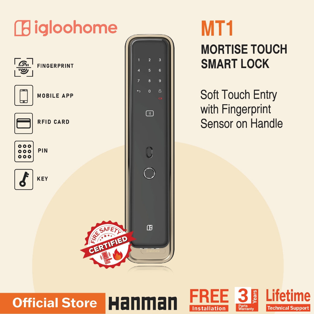 IGLOOHOME MT1 (MORTISE TOUCH) DIGITAL LOCK. FINGERPRINT/CARD/PIN/KEY ...