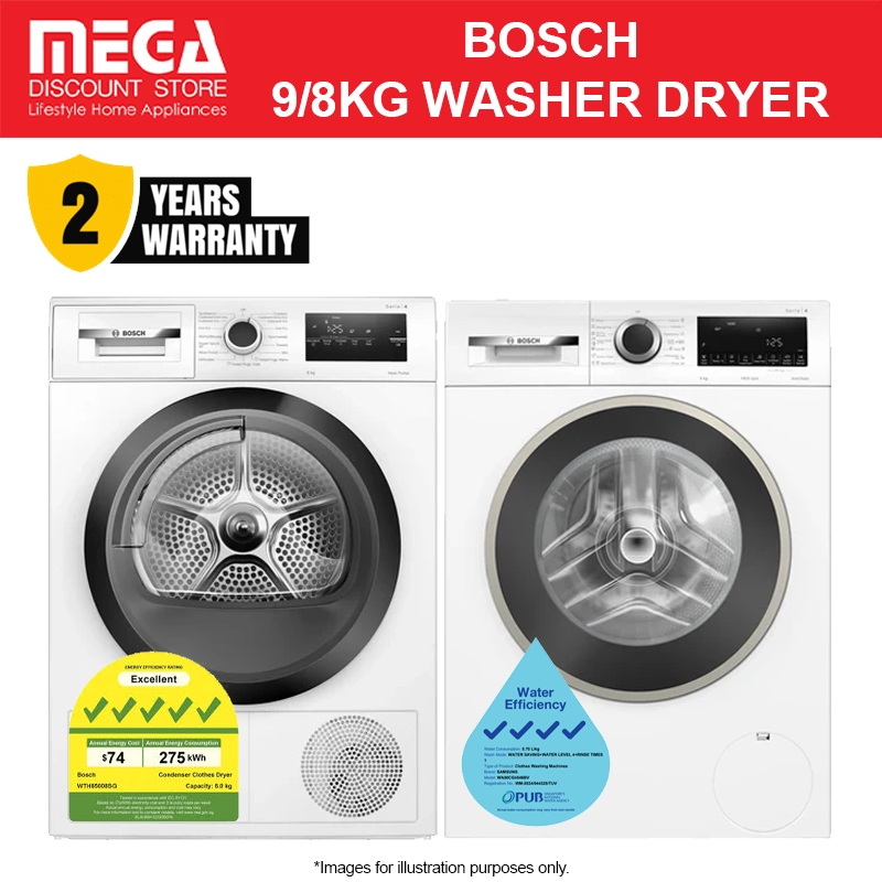 BOSCH BUNDLE: WGA14400SG 9KG WASHER & WTH85008SG 8KG HEAT-PUMP DRYER ...