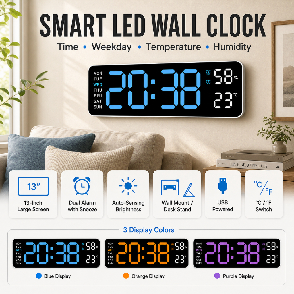 LED Digital Wall Clock Large Display Alarm Clock For Living Room LED ...