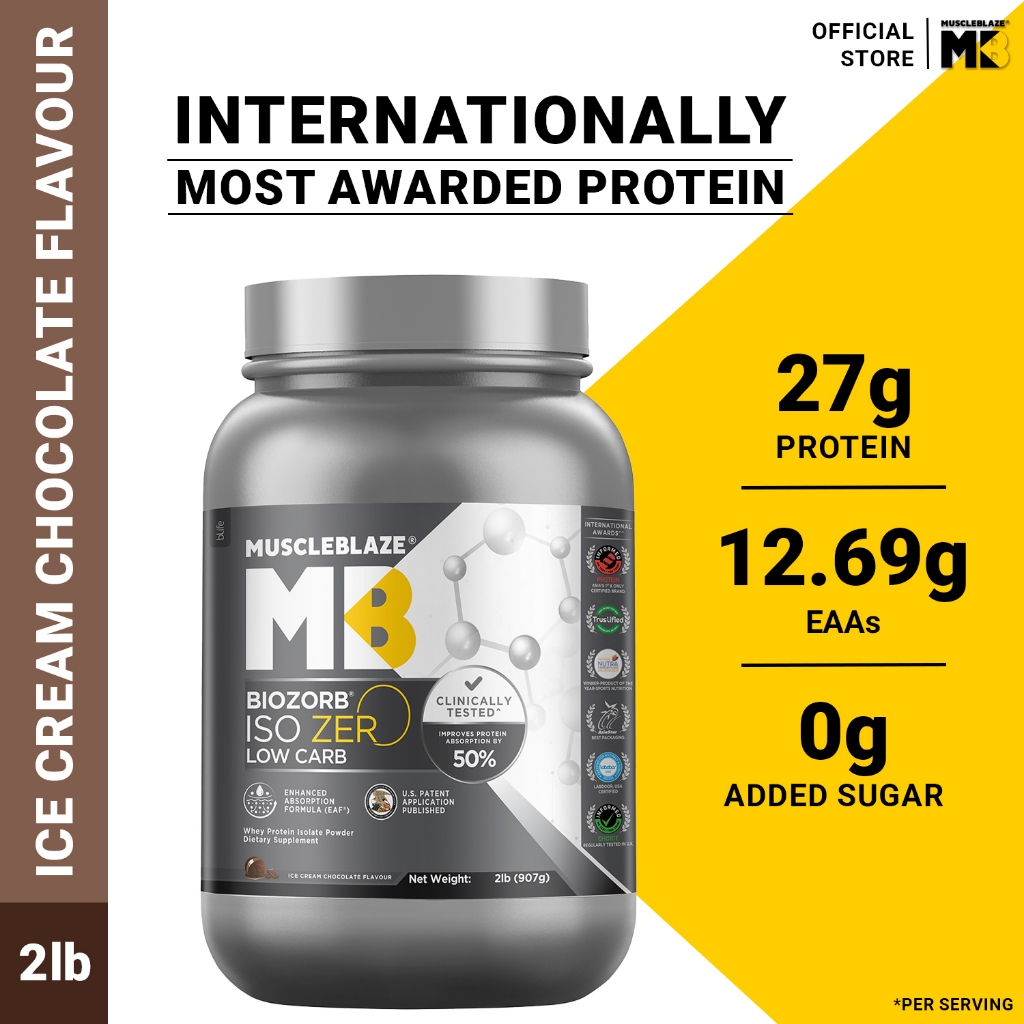 MuscleBlaze Biozorb Iso-Zero, Low Carb (Ice Cream Chocolate, 2lbs ...