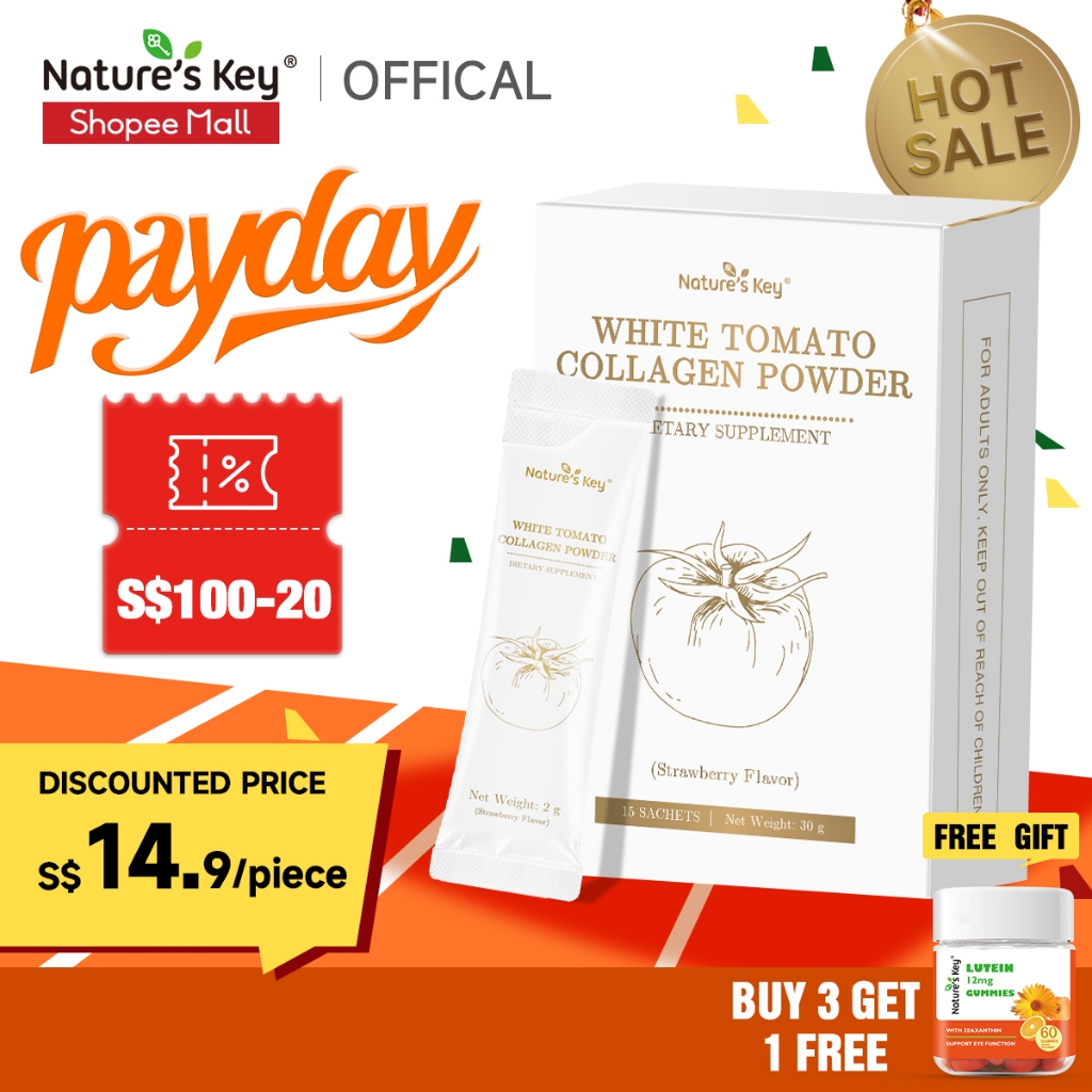 【3+1 Free Gift】Nature's Key Brightening White Tomato Collagen Powder ...