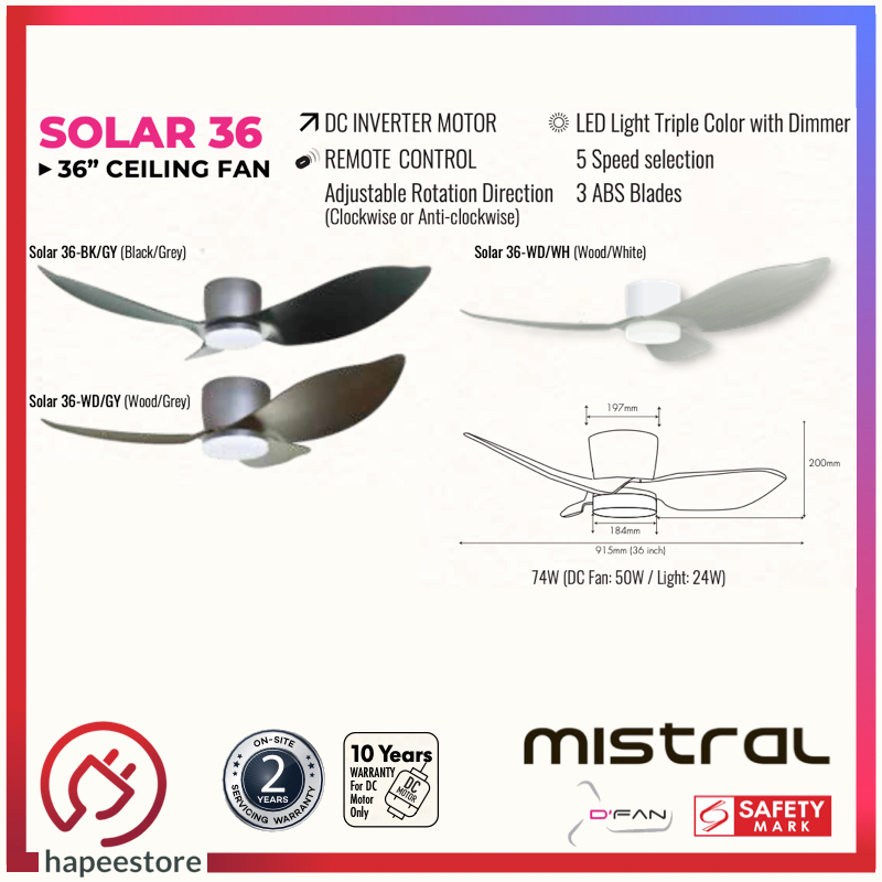 Mistral DFan 36" DC Ceiling Fan - Solar 36 (10 Years Warranty on Motor ...
