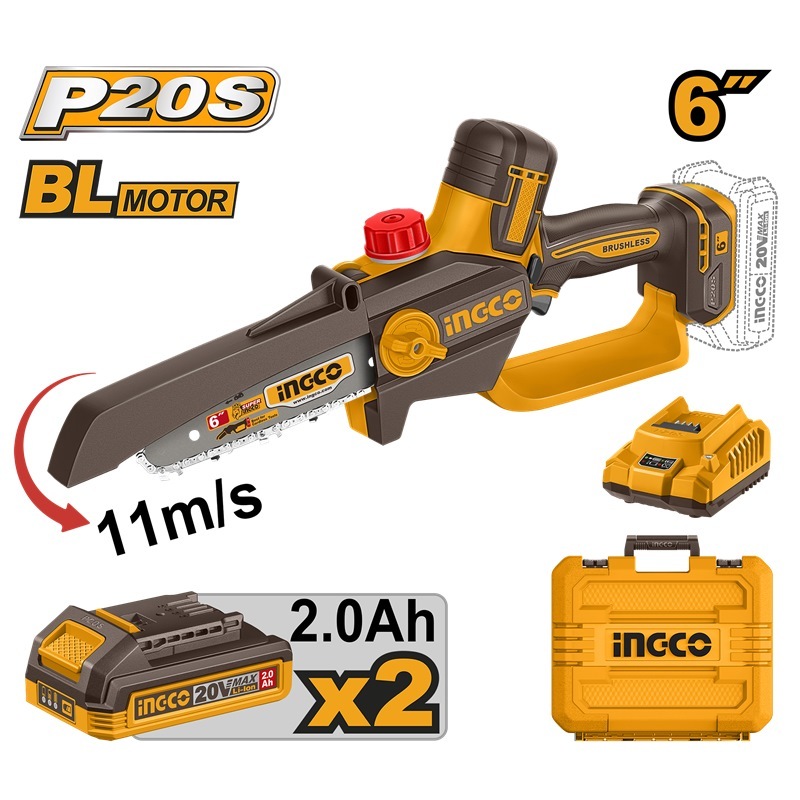 INGCO 20V BRUSHLESS MINI CHAIN SAW 6" 150MM 2X2.0AH CHARGER CGSLI20662 ...