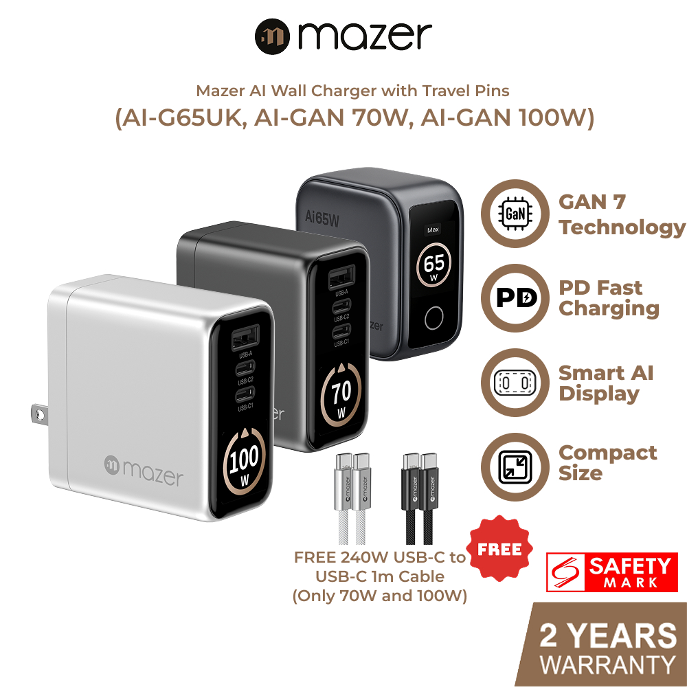 Mazer Charger Smart Ai Wall Charger 65W(UK)/70W/100W Fast Charging Wall ...