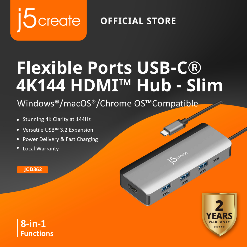 J5CREATE JCD362 FLEXIBLE PORTS USB-C® 4K144 HDMI™ HUB - SLIM 8 IN 1 ...