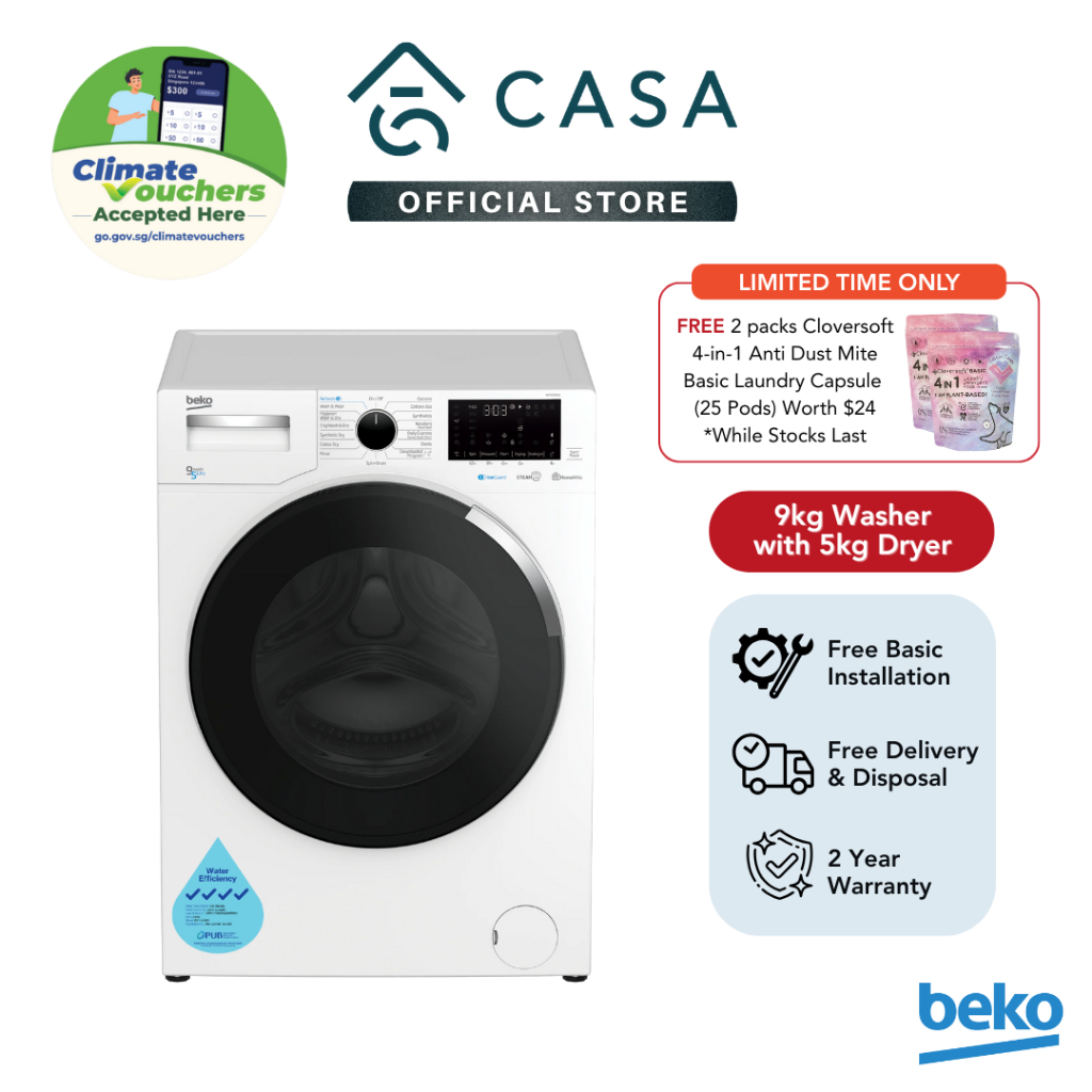 [Climate Voucher] Beko 9kg/5kg Washer Cum Dryer | WDTE9746X | Shopee ...