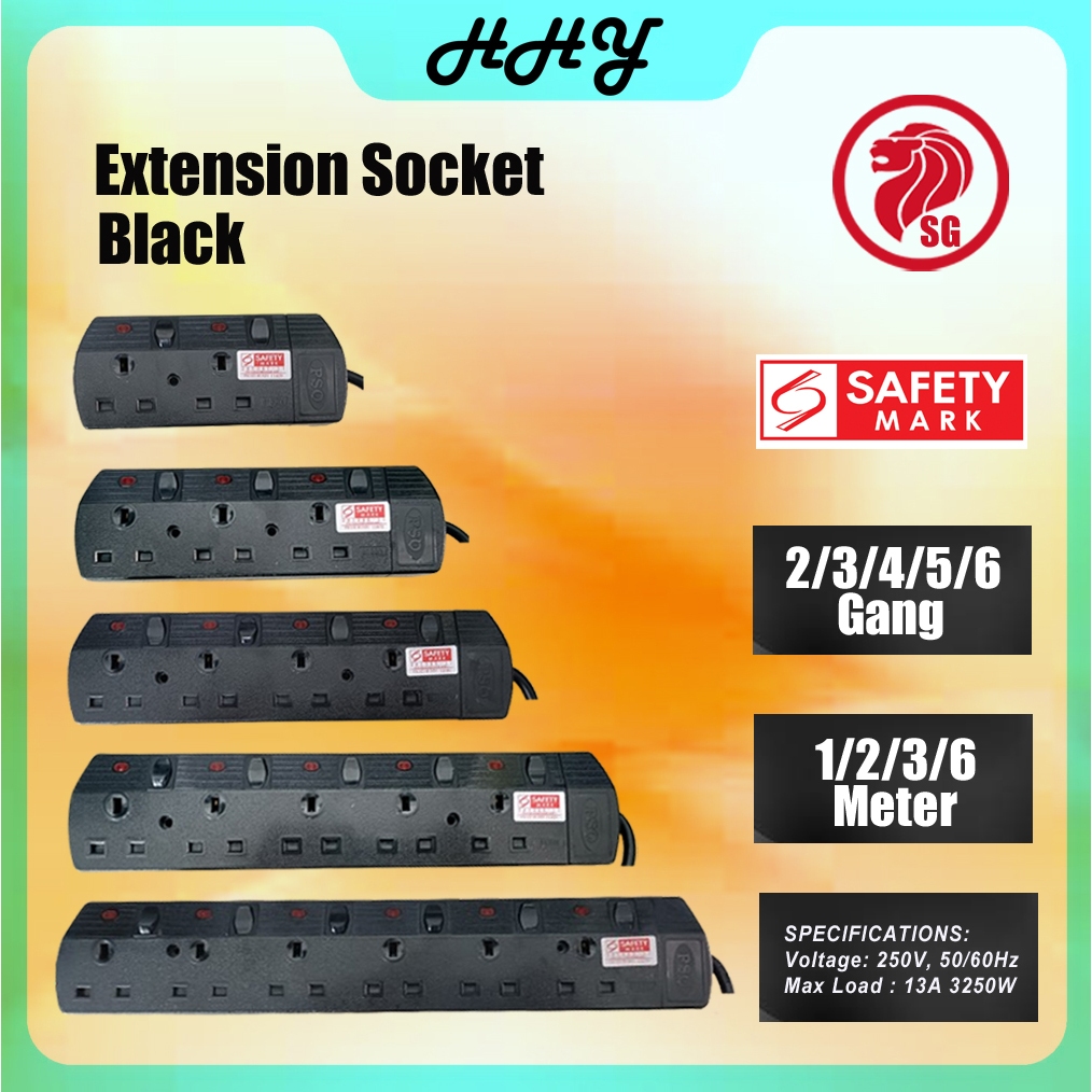 2 to 6 Gang Black SAFETY MARK Extension Socket (1, 2, 3 & 6 Meter ...