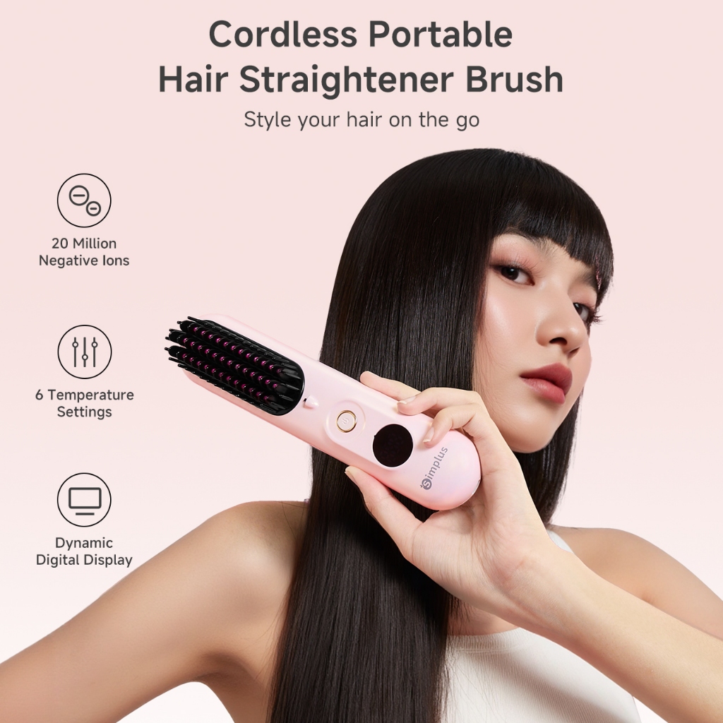Simplus Pink | Cordless Hair Straightener Brush | 20 Million Negative ...