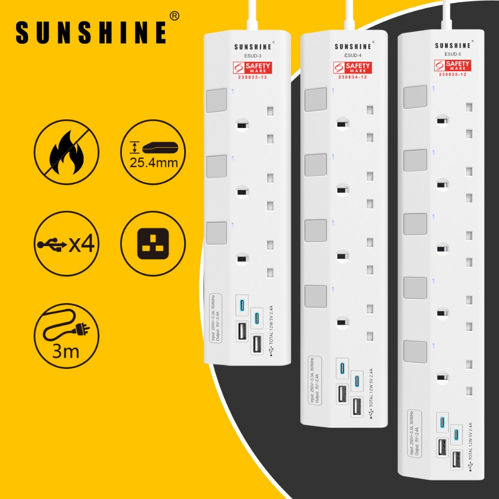 SUNSHINE Extension Cord Extension Socket Power Strip 3 Meter 2xUSB-A ...