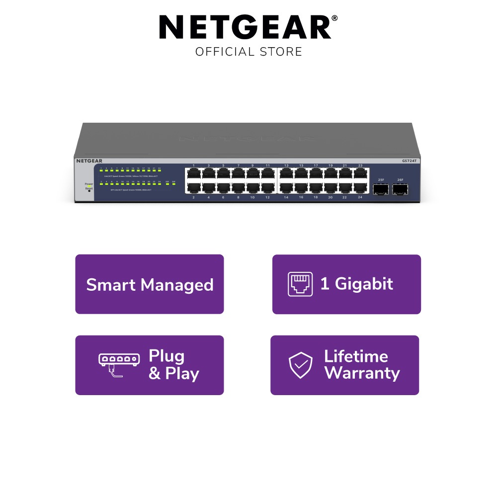 NETGEAR GS724T 24-Port Gigabit Ethernet Smart Managed Pro Switch with 2 ...