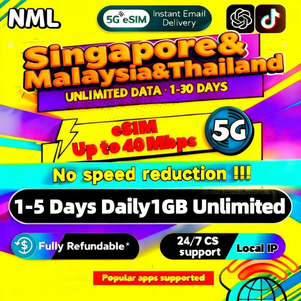 NML Malaysia & Thailand & Singapore eSIM 5G 1-5 Days Daily1GB High ...